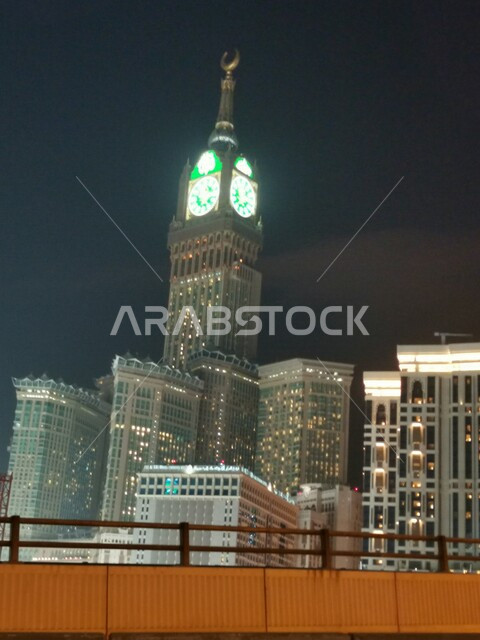 Close-up of the clock tower in Makkah Al-Mukarramah, Saudi Arabia at ...