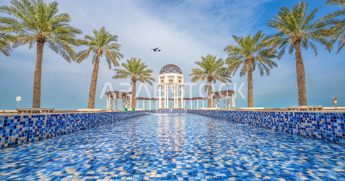 Landmarks of the Kuwait Corniche on the waterfront, the sea beach ...