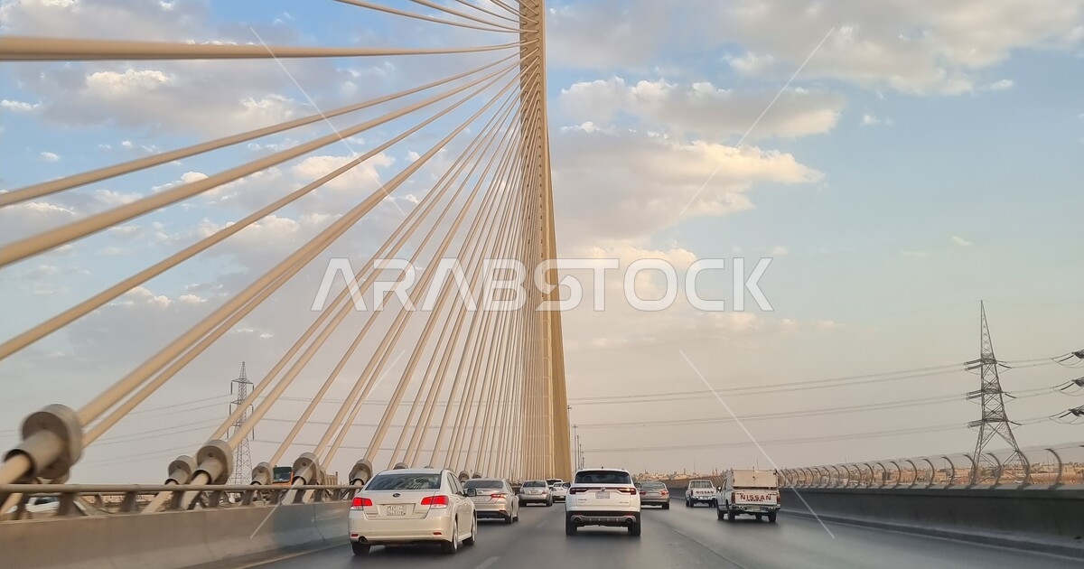 Close-up of Wadi Laban cable-supported suspension bridge, Riyadh city ...