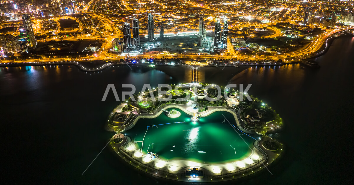 The Green Island in the State of Kuwait, an artificial island, towers ...