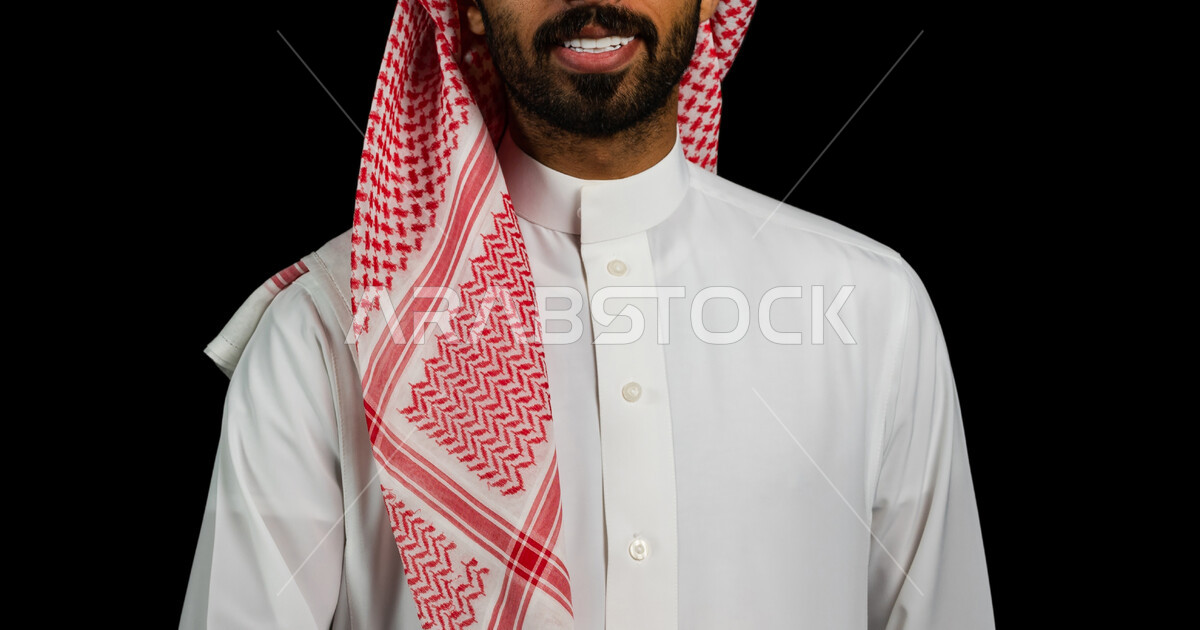 A Saudi Arabian Gulf man wearing Saudi dress, two hand gestures ...