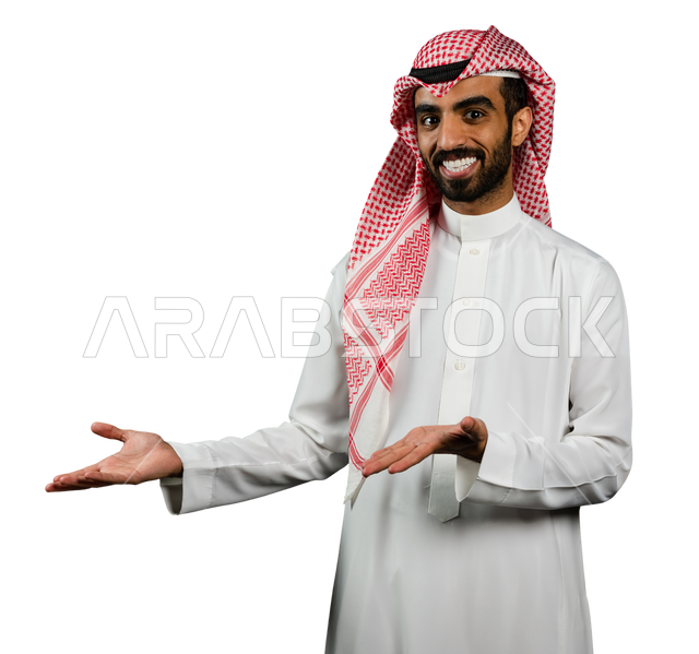 A Saudi Arabian Gulf man wearing Saudi dress, two hand gestures ...