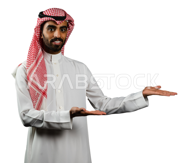A Saudi Arabian Gulf man wearing Saudi dress, two hand gestures ...