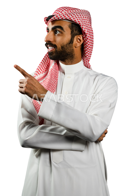 A Saudi Arabian Gulf man dressed in Saudi dress, happy facial gestures ...
