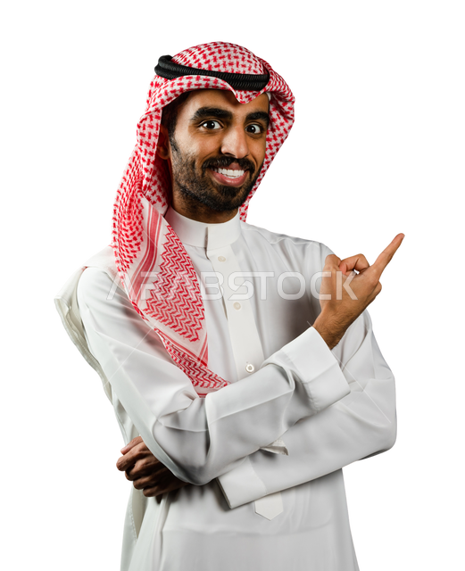 A Saudi Arabian Gulf man dressed in Saudi dress, happy facial gestures ...