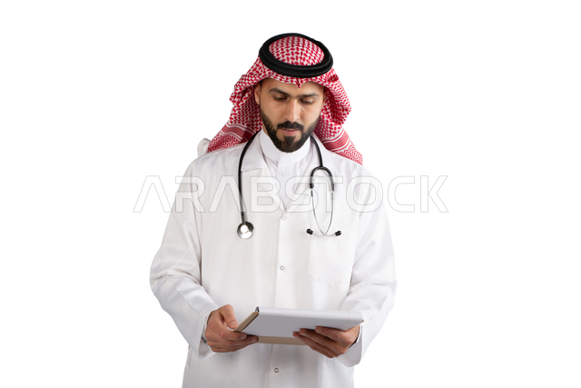 Portrait of a Saudi Arabian male doctor following a patient's ...