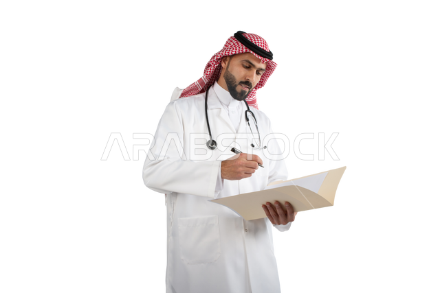 Portrait of a Saudi Arabian male doctor following a patient's ...