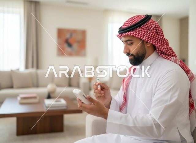 Saudi Man Using Glucose Meter at Home - Photo