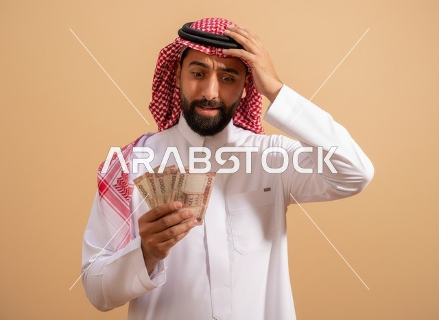 Shocked Saudi Man Holding Saudi Riyal Banknotes Portrait - Photo