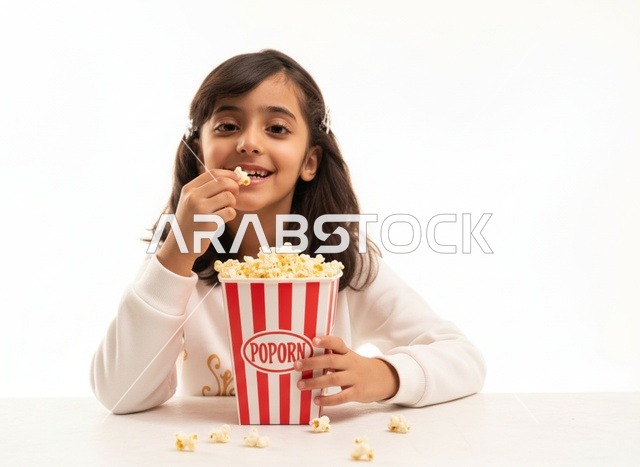 Saudi Girl Eating Popcorn on White Background - Photo