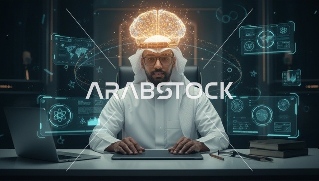 Saudi Businessman with Digital Brain AI Technology - Photo