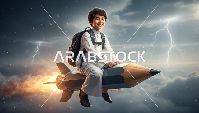 Saudi Boy in Thobe Riding Pencil Rocket in Stormy Sky - Photo