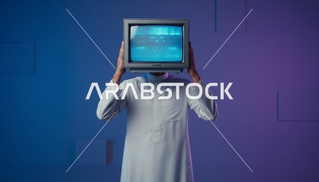 Saudi Man in Thobe with TV Head Neon Background - Photo