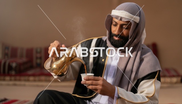 Saudi Man Pouring Arabic Coffee in Traditional Majlis - Photo