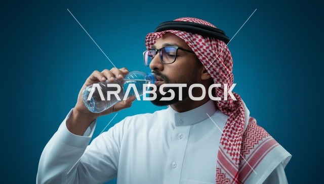 Saudi Man Drinking Water from Bottle in Studio - Photo