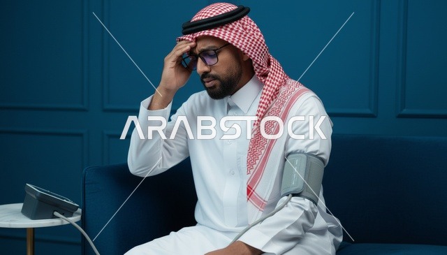 Saudi Man Measuring Blood Pressure at Home - Photo