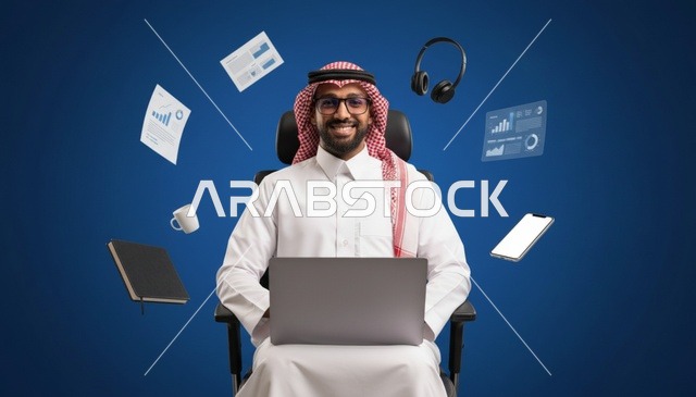 Saudi Businessman with Laptop and Floating Digital Icons - Photo
