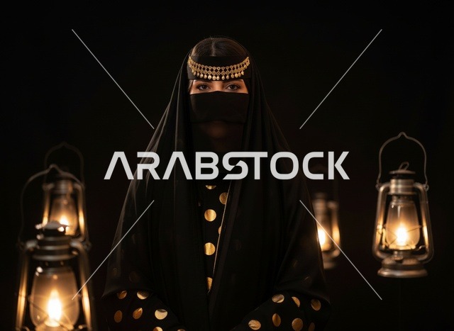 Saudi Woman in Traditional Dress with Kerosene Lanterns - Photo