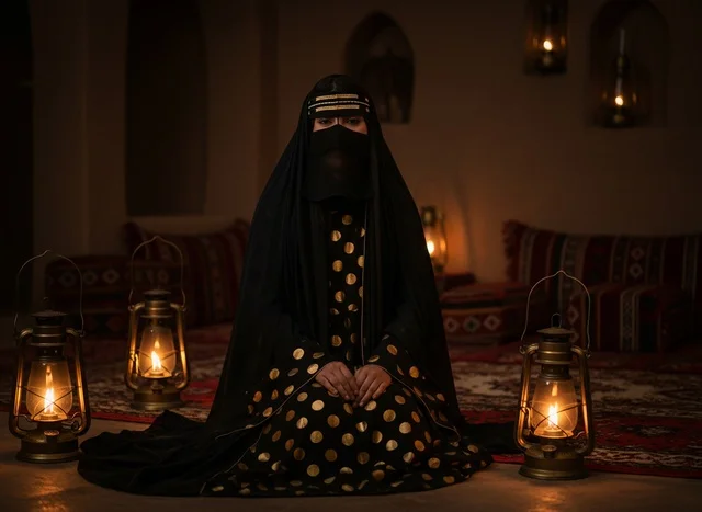Saudi Woman in Traditional Dress with Kerosene Lanterns - Photo