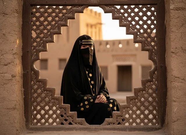 Saudi Woman in Traditional Dress with Kerosene Lanterns - Photo