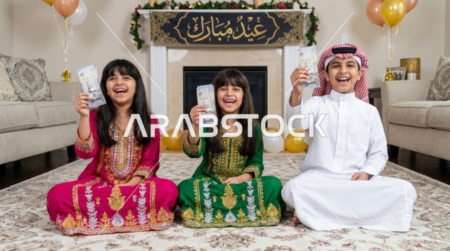 Saudi Children Celebrating Eid al-Adha with Eidiya - Photo