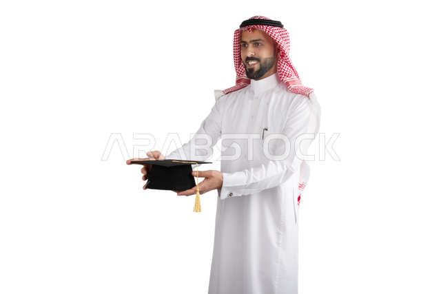 Happy Saudi Arabian graduate with graduation certificate, young ...