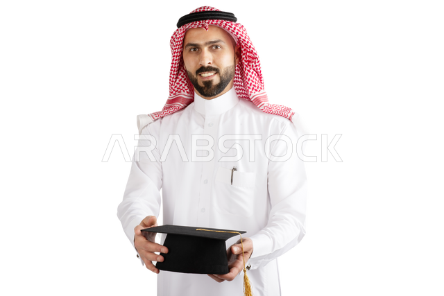 Happy Saudi Arabian graduate with graduation certificate, young ...