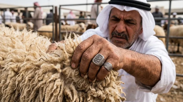 Kuwaiti Man Examining Sheep Wool Close Up - Photo