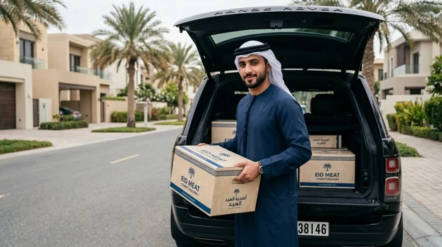 Emirati Man Distributing Eid Meat Boxes in UAE SUV - Photo