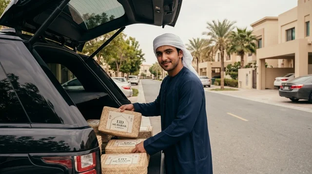 Emirati Man Distributing Eid Sacrifice Meat in UAE - Photo