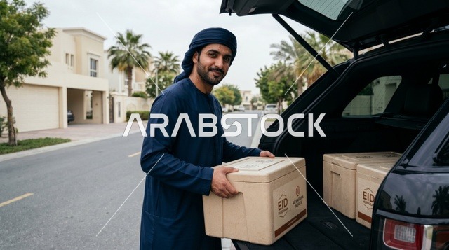 Emirati Man Distributing Eid Sacrifice Meat in UAE - Photo