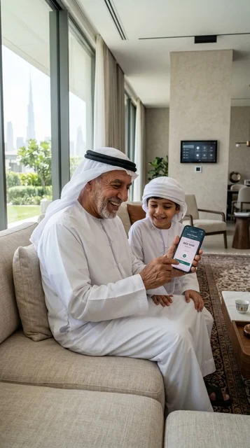 Emirati Grandfather Sending Digital Eidiya in Dubai - Photo