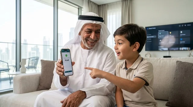 Emirati Grandfather Giving Digital Eidiya to Grandson - Photo