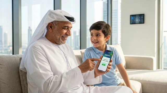 Emirati Grandfather Giving Digital Eidiya to Grandson - Photo