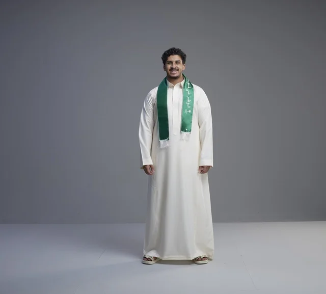 Saudi Man in Thobe with National Scarf Victory Sign - Photo