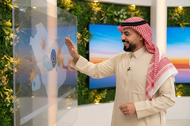 Saudi Man Holding Glowing Earth Globe in Desert - Photo