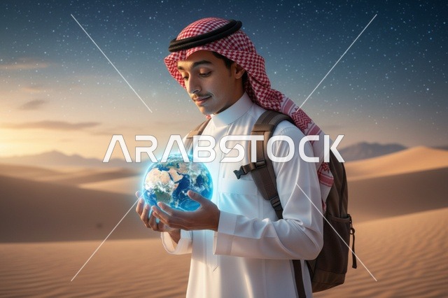 Saudi Man Holding Glowing Earth Globe in Desert - Photo
