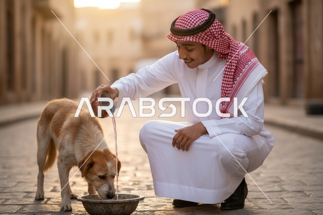 Saudi Man Pouring Water for Dog in Heritage Street - Photo