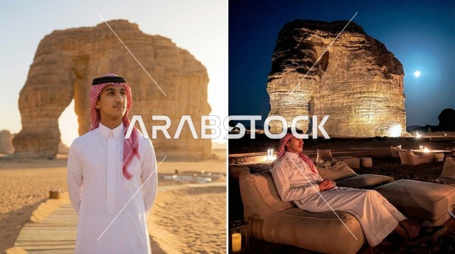 Saudi Man at Elephant Rock AlUla Day and Night - Photo