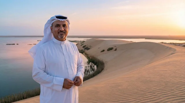 Saudi Man in Traditional Dress at Al-Asfar Desert Lake - Photo