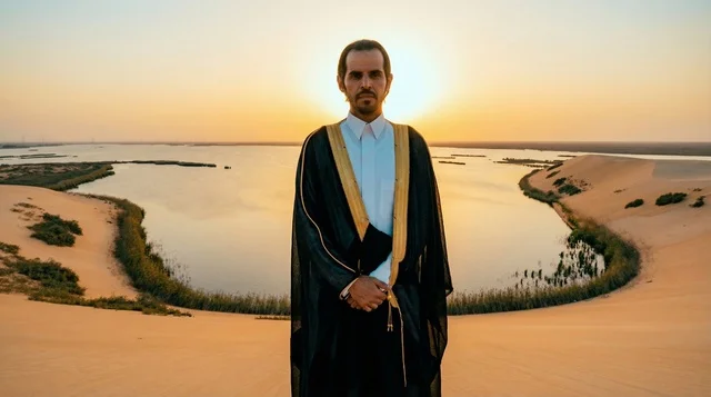 Saudi Man in Traditional Thobe at Desert Lake Sunset - Photo