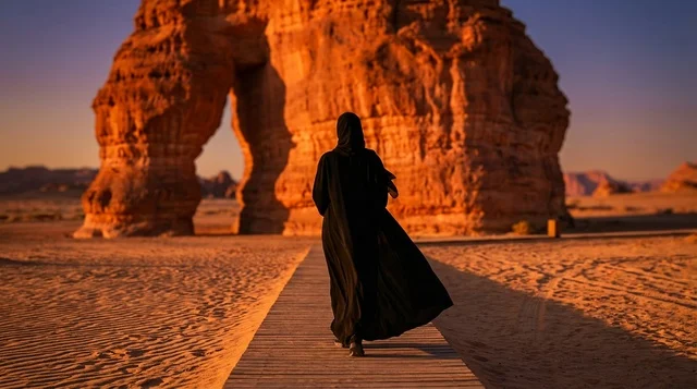 Saudi Man at Elephant Rock AlUla Day and Night - Photo