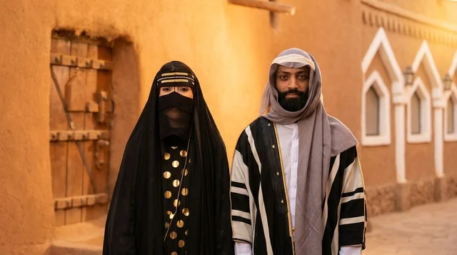 Saudi Couple in Traditional Dress by Mud Wall - Photo