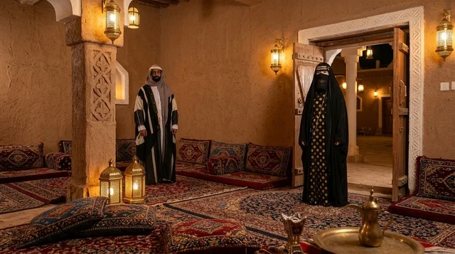 Saudi Couple in Traditional Heritage Clothing and Mud House - Photo