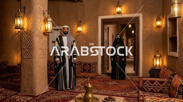 Saudi Couple Traditional Mud House Lantern Lighting - Photo