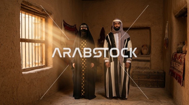 Saudi Couple in Traditional Attire inside Heritage House - Photo