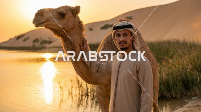 Emirati Man with Camel at Desert Lake Sunset - Photo
