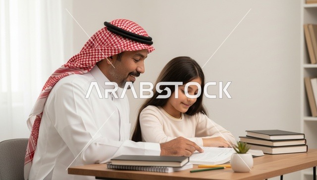 Saudi Father and Daughter Studying at Home Desk - Photo