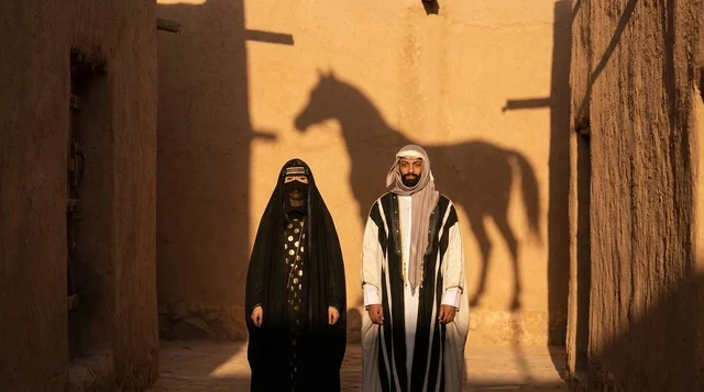 Saudi Couple in Traditional Najdi Mud Architecture - Photo