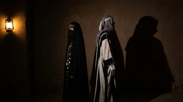 Saudi Couple in Traditional Heritage Clothing and Mud House - Photo